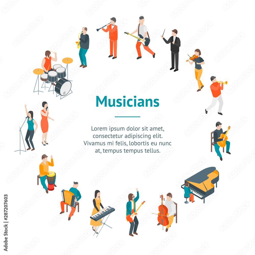 Characters Different Musicians People Banner Card Circle 3d Isometric ...