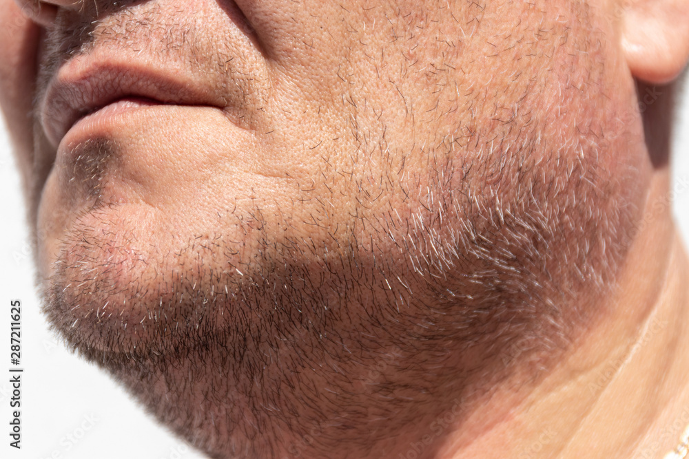 Bristle with gray hair on a mature male face, close-up half-prof Stock ...