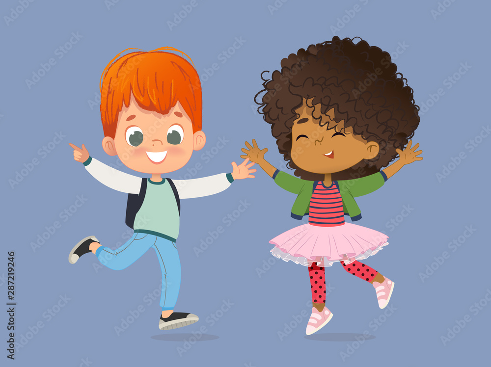 School Kids Boy and girl are happily jump together. Kids Play at the ...