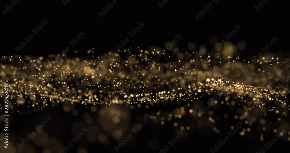 Gold glitter, light particles wave splash on black background. Shining ...