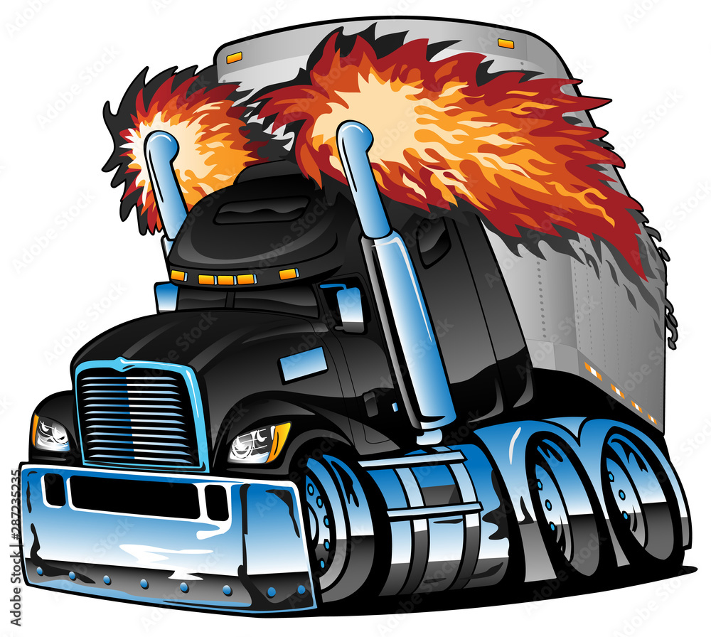 Semi Truck Tractor Trailer Big Rig, Black, Flaming Exhaust, Lots of ...