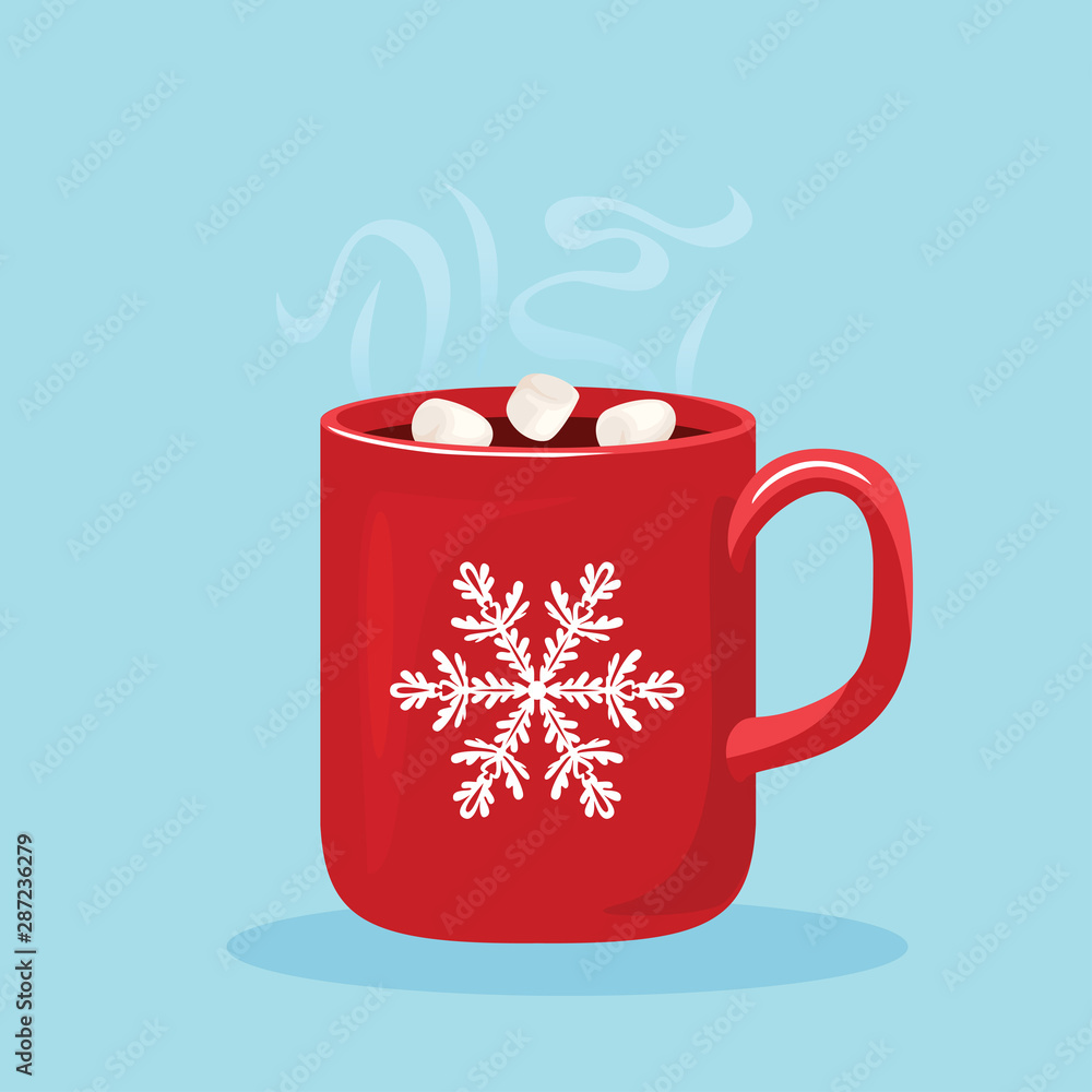 Steaming hot chocolate with marshmallows in red cup with white ...