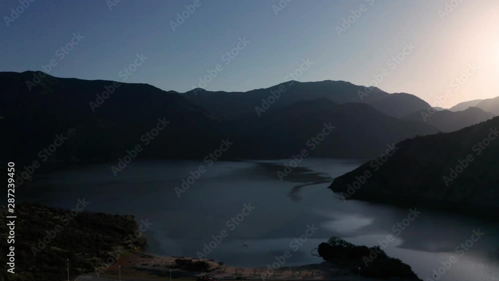 Predawn aerial view of Pyramid Lake, a recreational destination formed ...