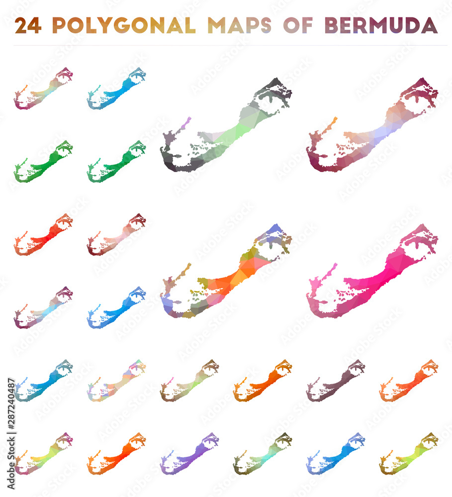 Set of vector polygonal maps of Bermuda. Bright gradient map of island ...