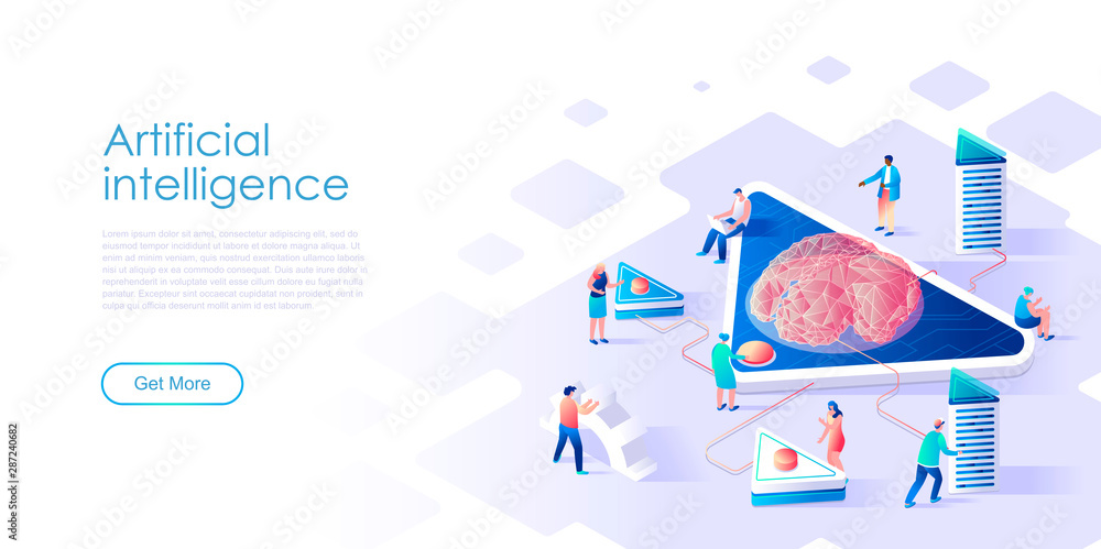Isometric landing page artificial intelligence flat concept. Robot and ...