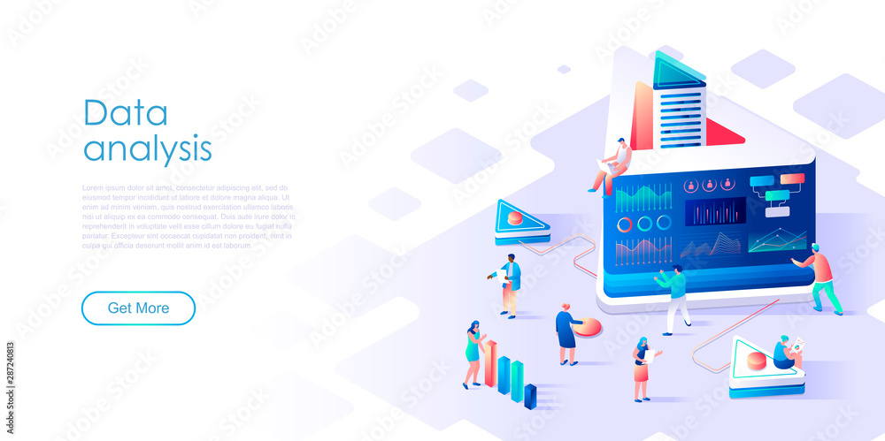 Isometric landing page data analysis or analytics flat concept ...