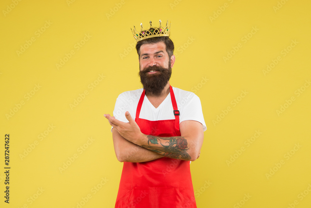 King of kitchen. Cook with beard and mustache yellow background. Royal ...