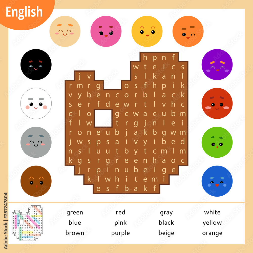 Word search puzzle. Cartoon set of rainbow colours. Education game for ...