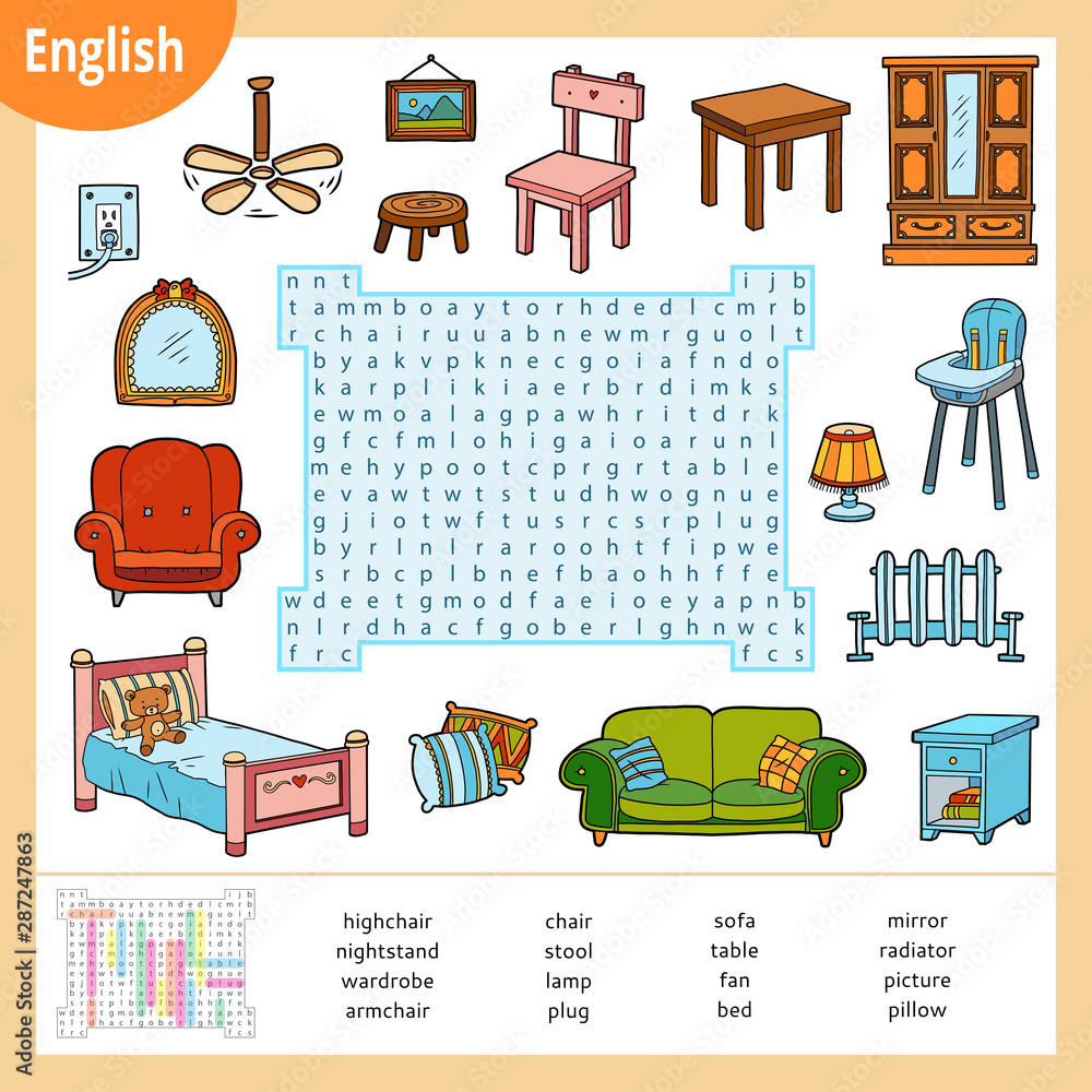 Word search puzzle. Cartoon set of furniture. Education game for ...