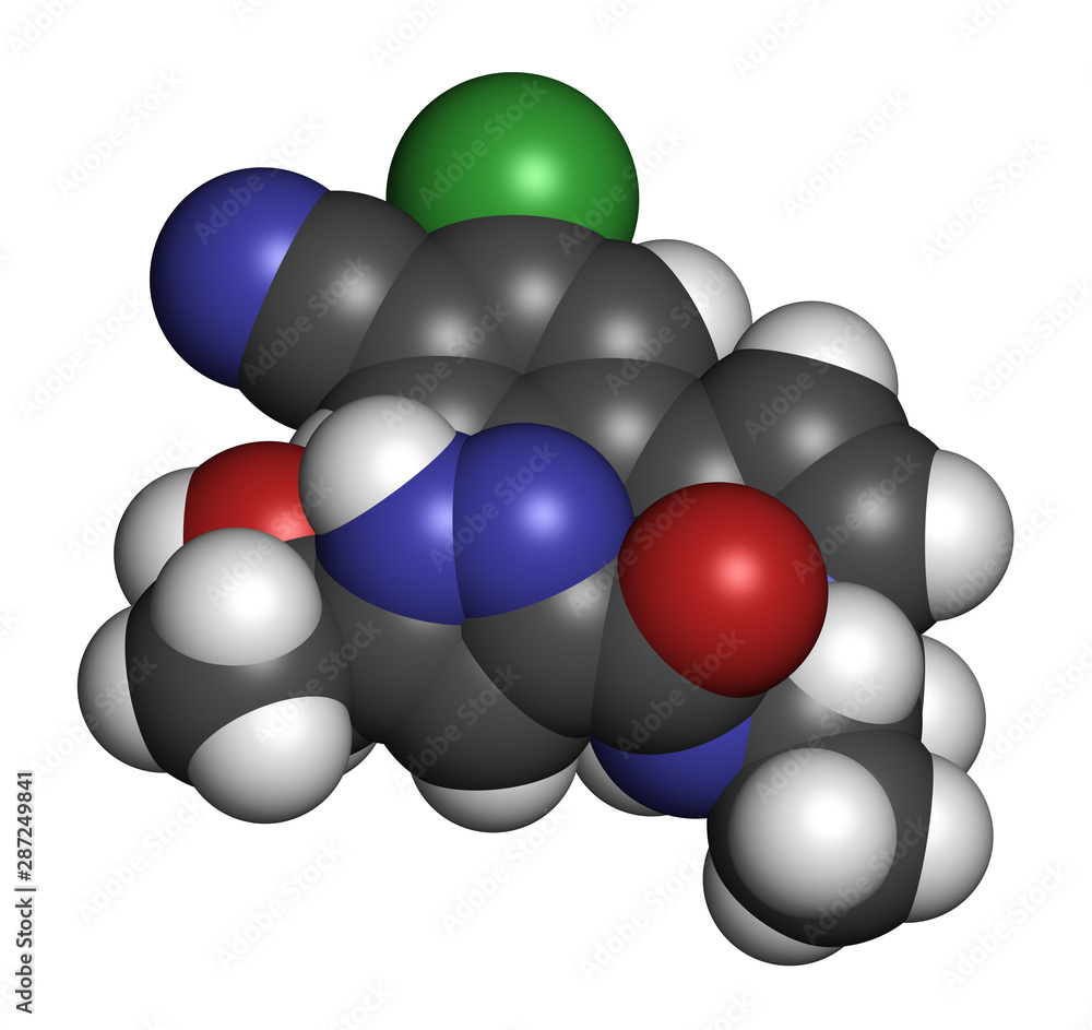 Darolutamide prostate cancer drug molecule. 3D rendering. Atoms are ...