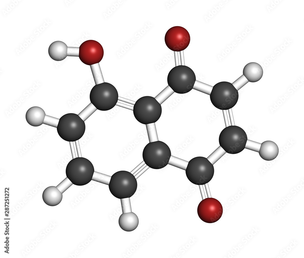 Juglone walnut molecule. 3D rendering. Atoms are represented as spheres ...