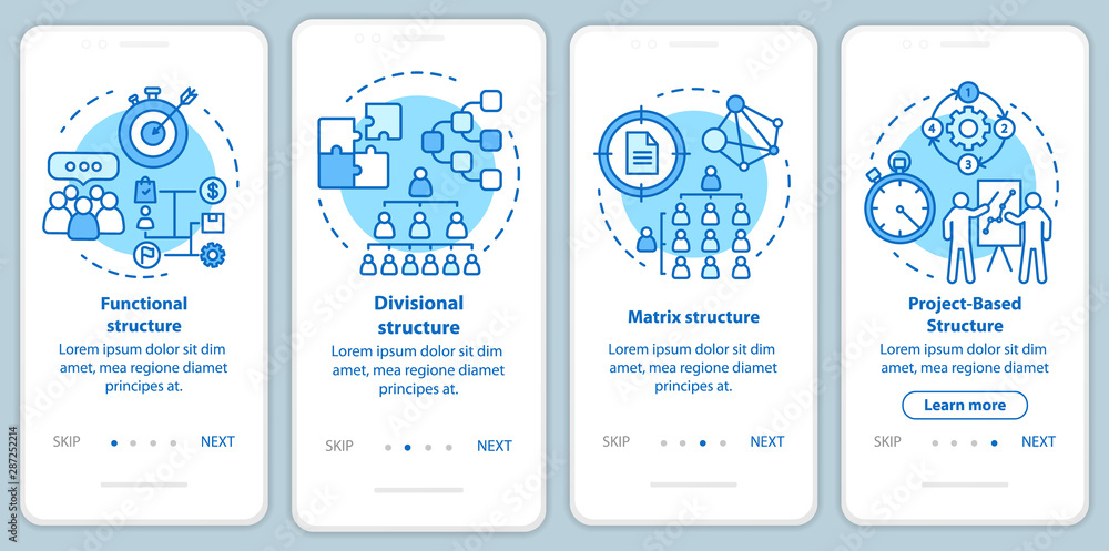 Corporate structure onboarding mobile app page screen with linear concepts. Organization ...