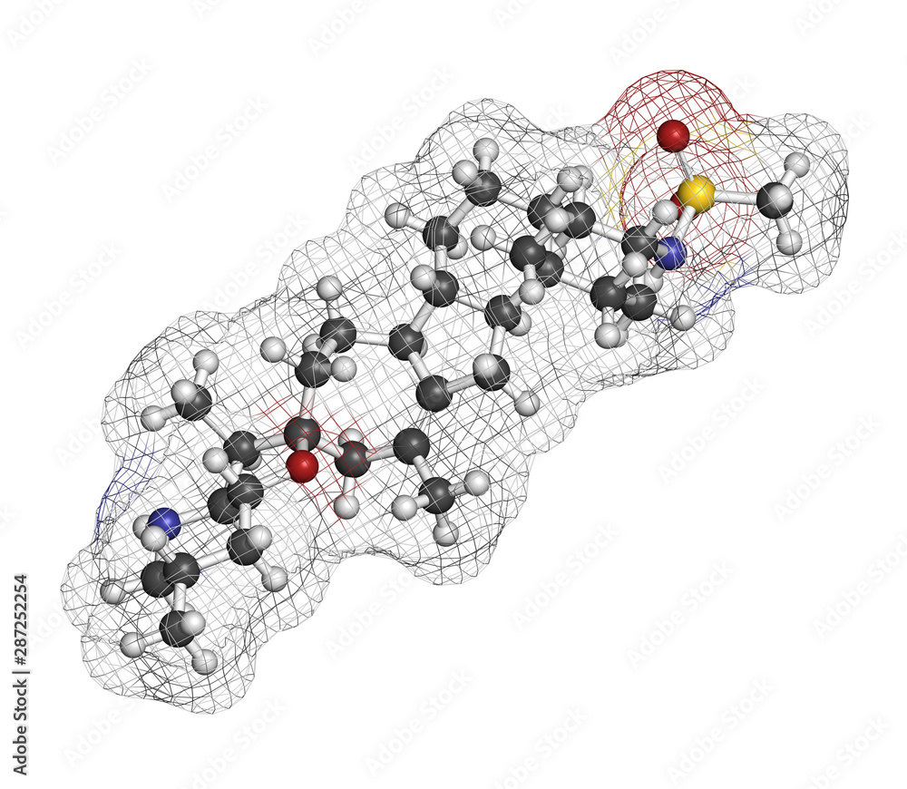 Patidegib drug molecule (hedgehog pathway inhibitor). 3D rendering ...
