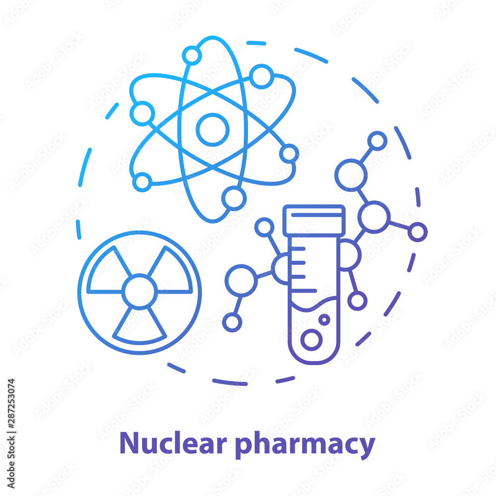 Pharmacy concept icon. Nuclear medication idea thin line illustration. Radioactive element ...