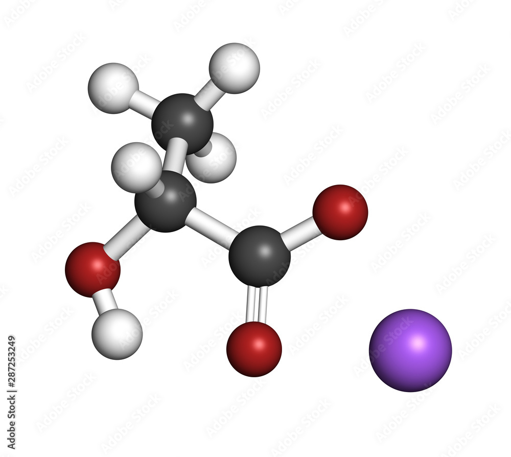 Sodium lactate, chemical structure. 3D rendering. Atoms are represented ...