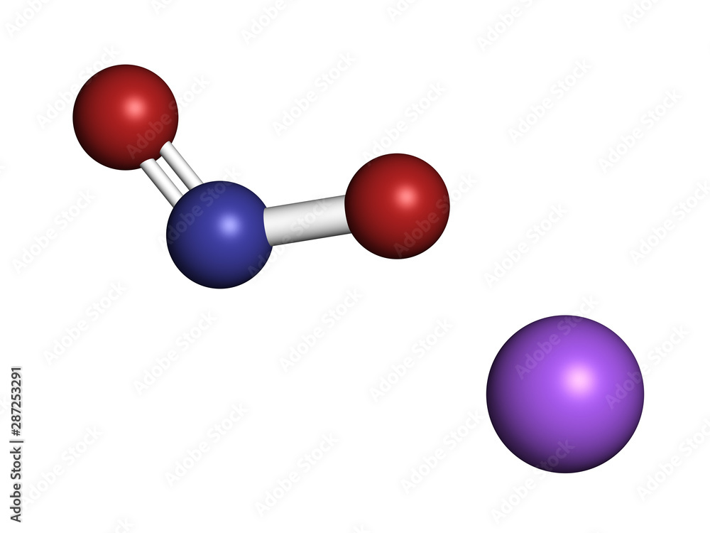 Sodium nitrite, chemical structure. Used as drug, food additive (E250 ...