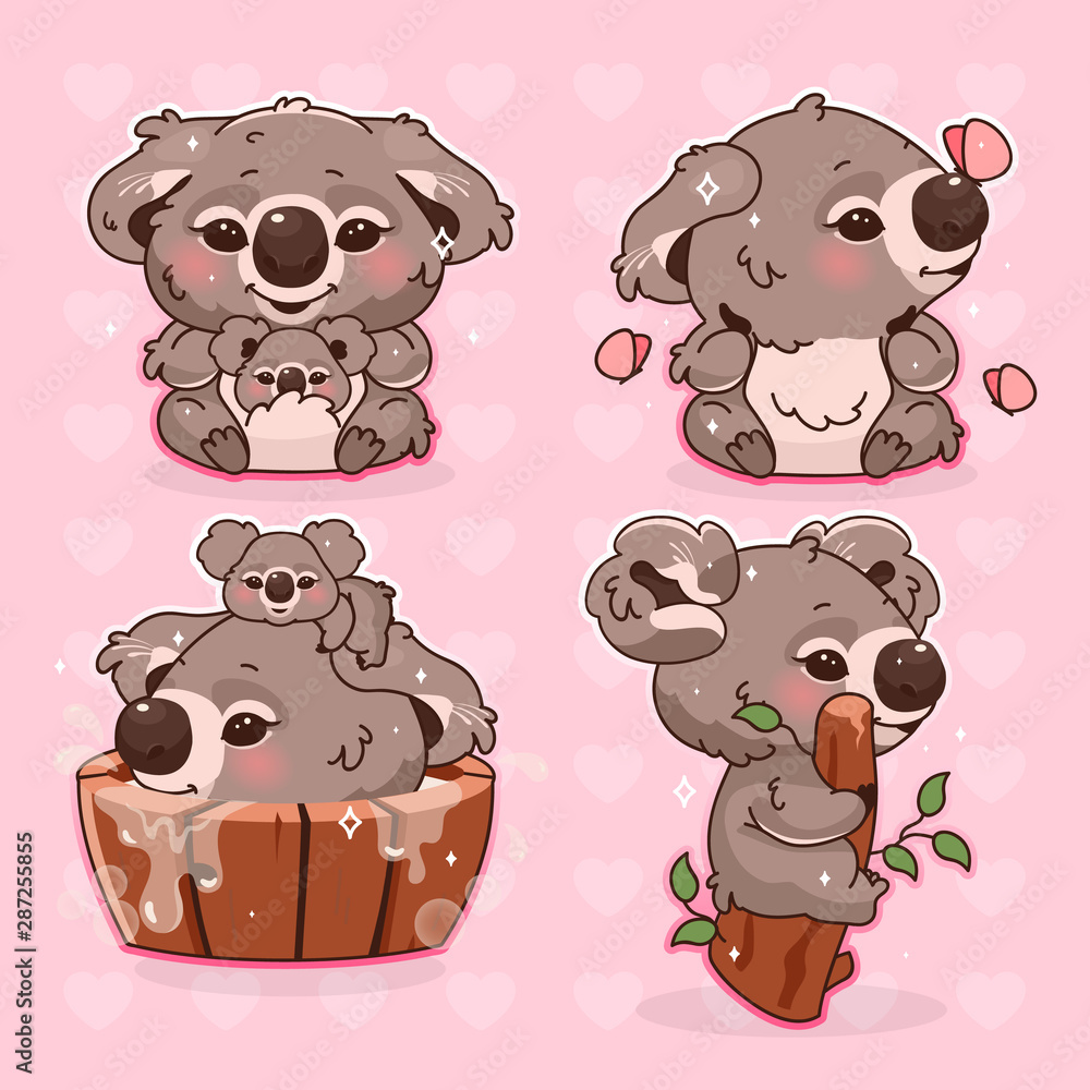 Cute koala kawaii cartoon vector characters set. Adorable and funny ...