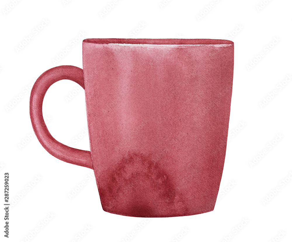 Watercolor illustration of maroon red mug. Symbol of holidays, morning ...