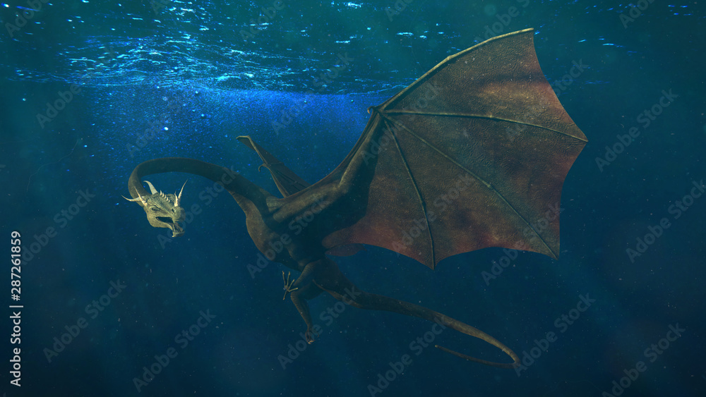 dragon, magical creature is swimming in the ocean (3d fantasy ...
