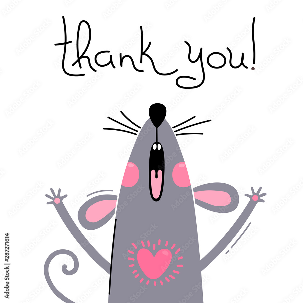 Vector illustration of a cute little mouse says thank you. Greeting ...
