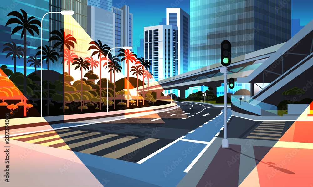 highway road night city street with modern skyscrapers bridge subway ...