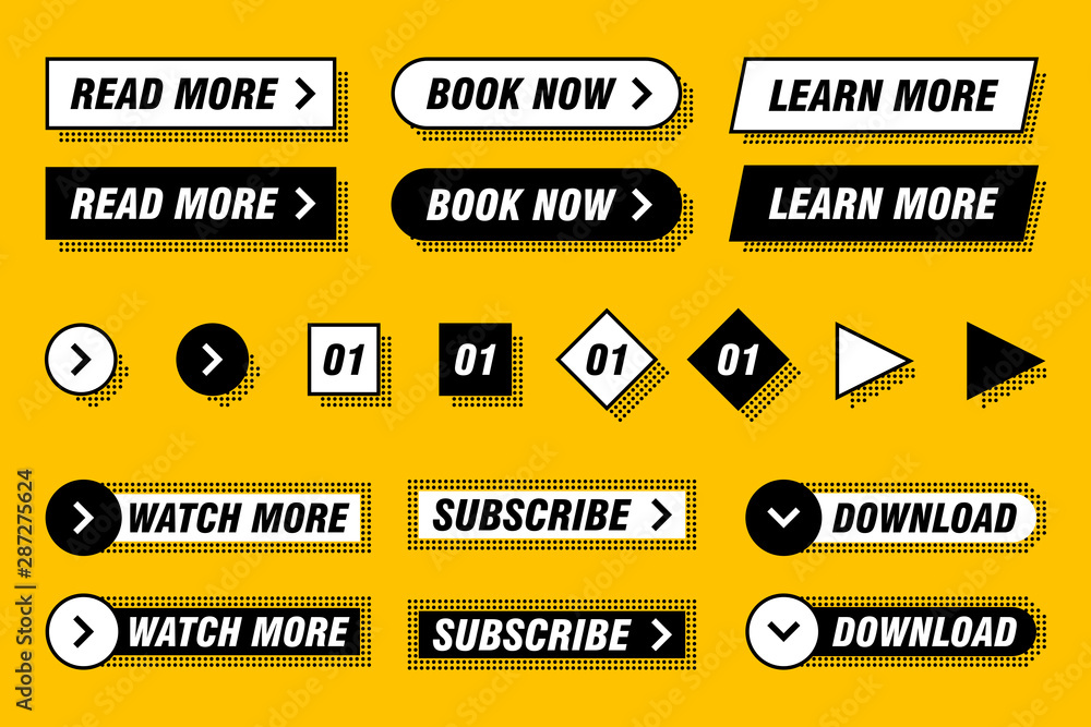 Set of modern buttons in different designs and colors like yellow ...