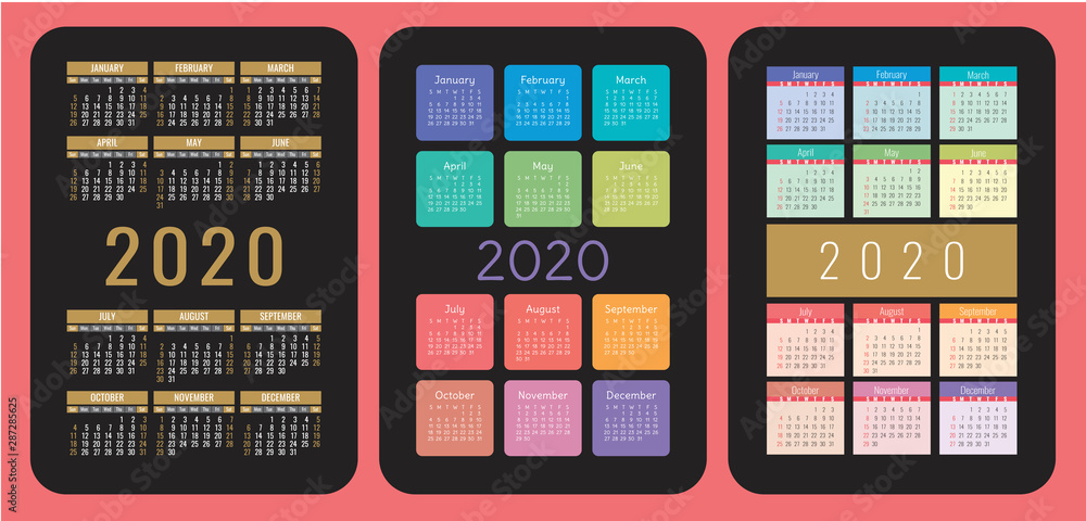 Pocket calendar set. 2020 year. Vector design collection. Color English ...