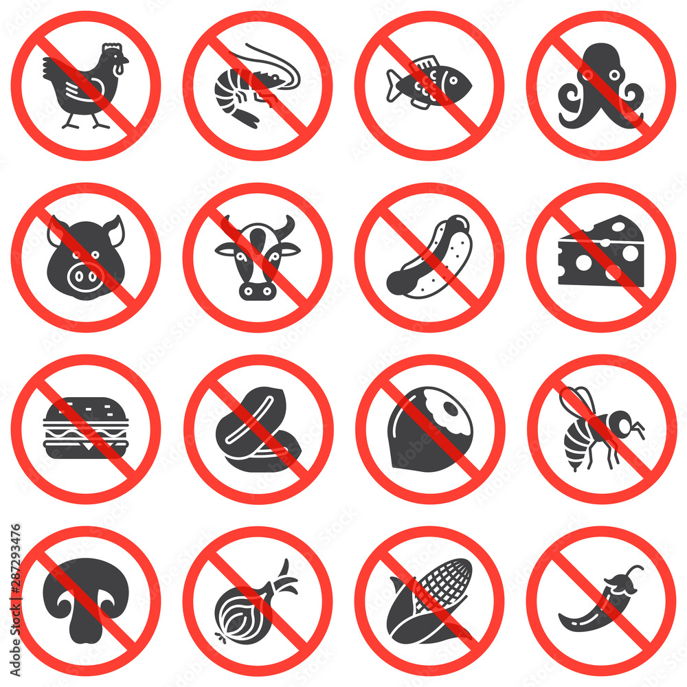 Food prohibition signs vector icons set, modern solid symbol collection ...