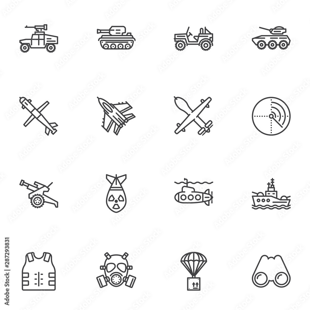 Military equipment line icons set. linear style symbols collection ...