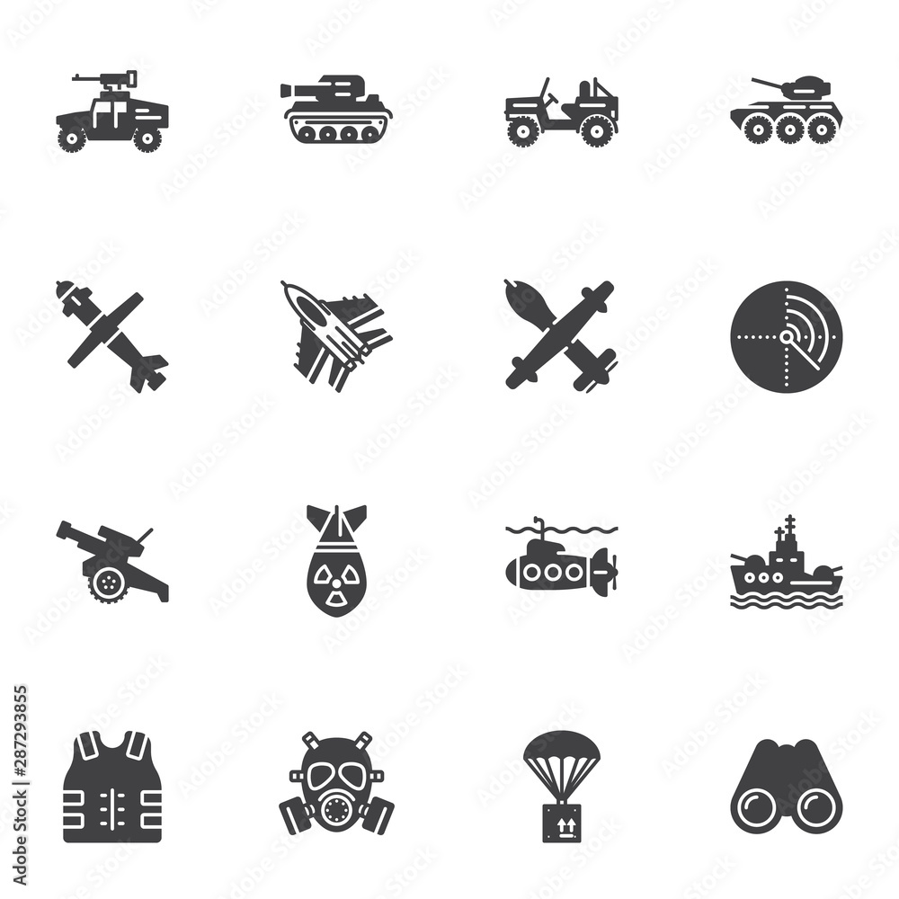 Military equipment vector icons set, modern solid symbol collection ...