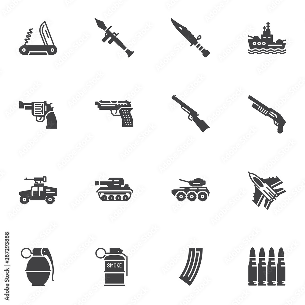 Weapons and ammunition vector icons set, modern solid symbol collection ...