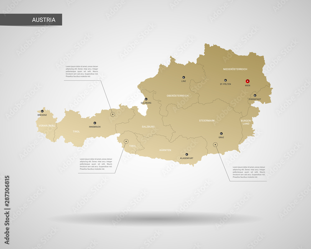 Stylized vector Austria map. Infographic 3d gold map illustration with ...