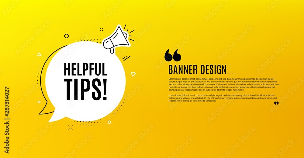 Helpful tips symbol. Yellow banner with chat bubble. Education faq sign ...