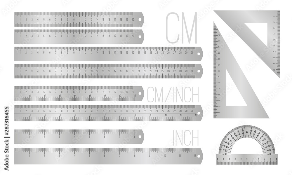 Steel ruler lines. Vector metal inches and millimeters rulers isolated ...