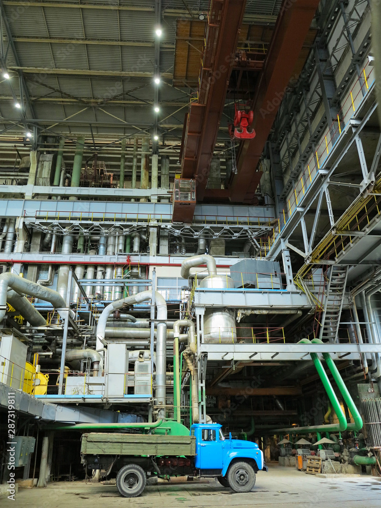 Industrial big water pumps with electric motors, pipes, tubes ...