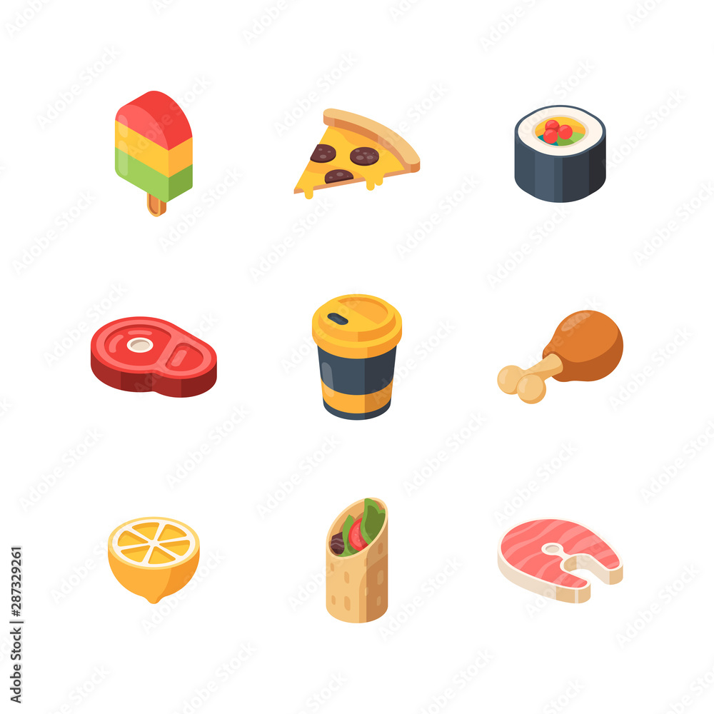 Isometric food. Sushi meal bread fruit fish vector low poly 3d website ...