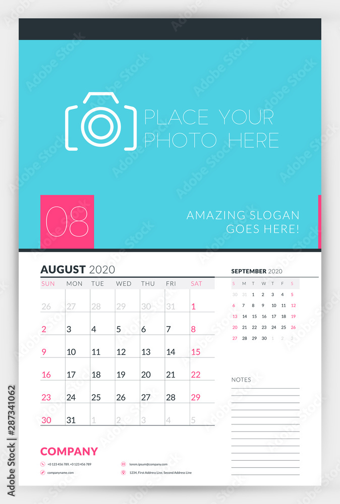Wall calendar planner template for August 2020. Week starts on Sunday ...