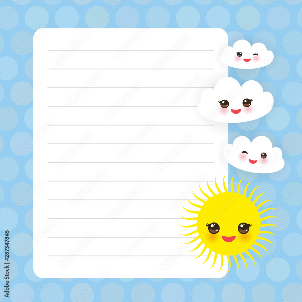 Card design with Kawaii yellow sun, white clouds Smiling with eyes blue ...