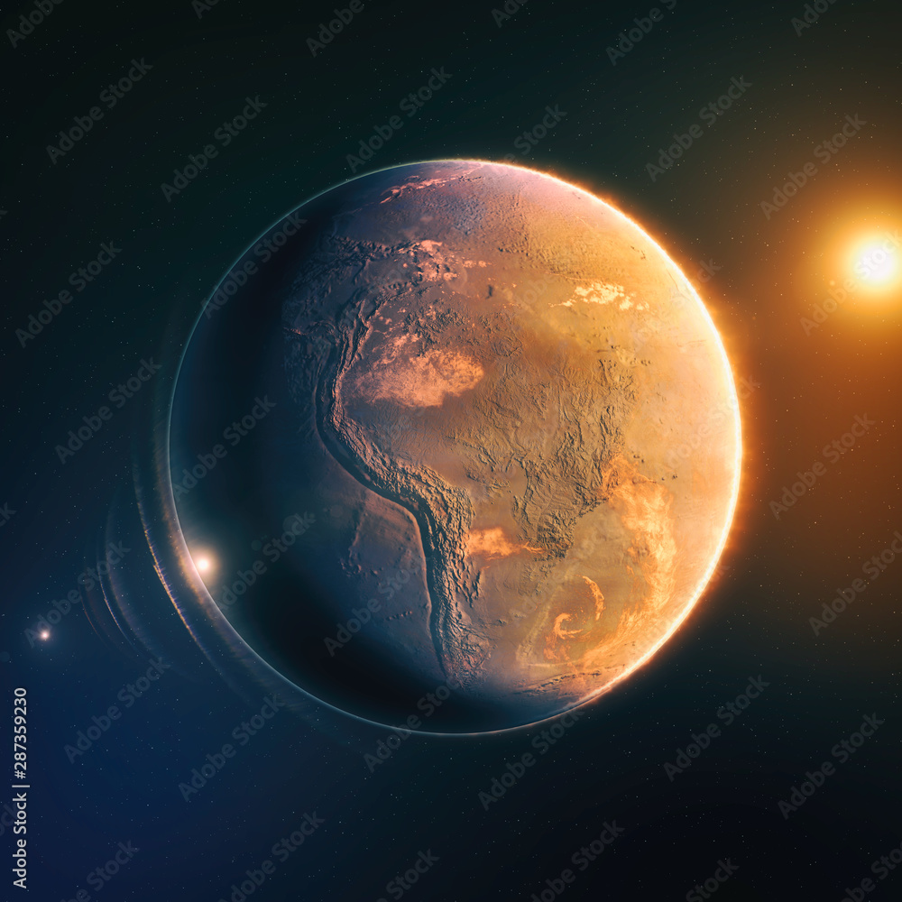 3D realistic render of dried and dead planet Earth totally deserted ...