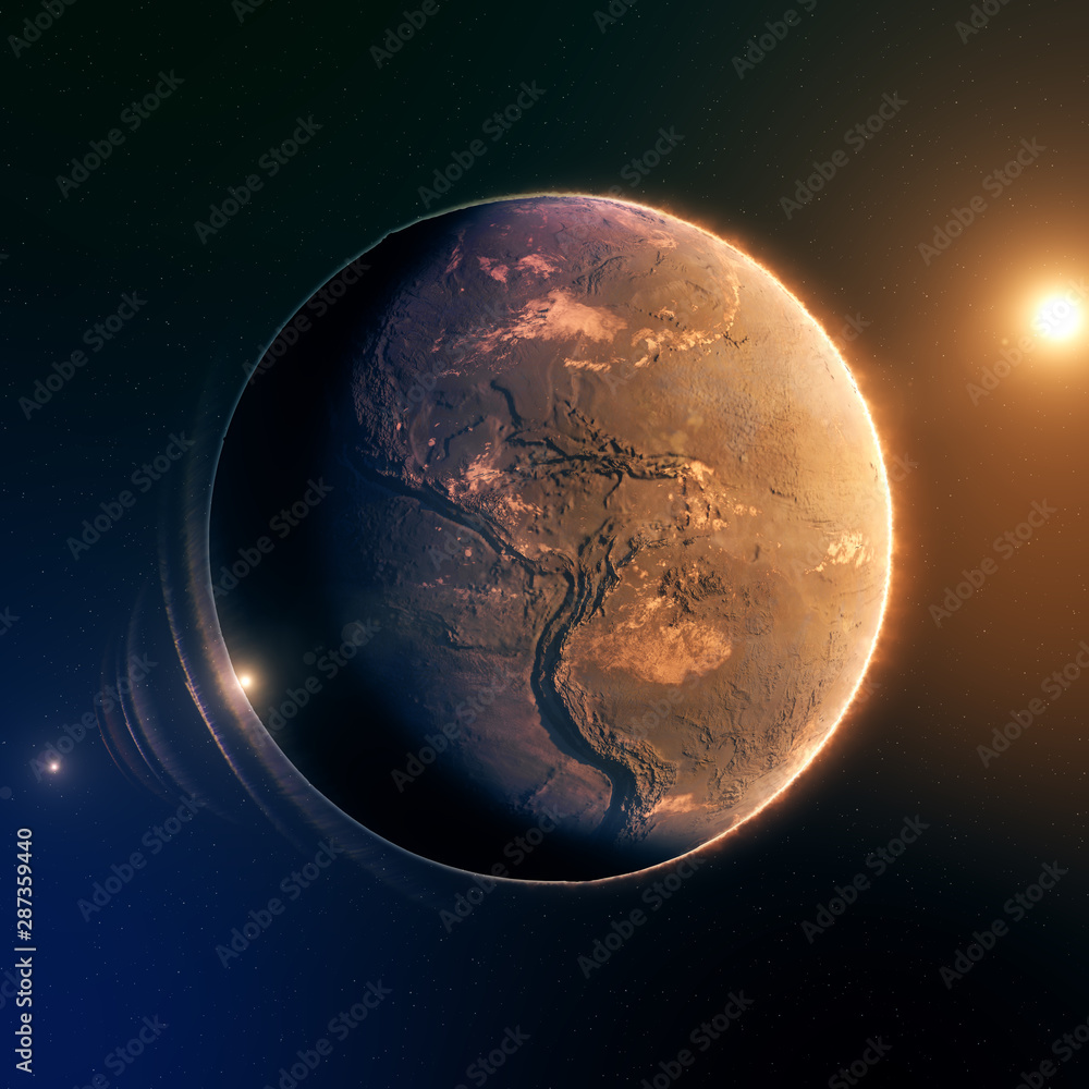 3D realistic render of dried and dead planet Earth totally deserted ...