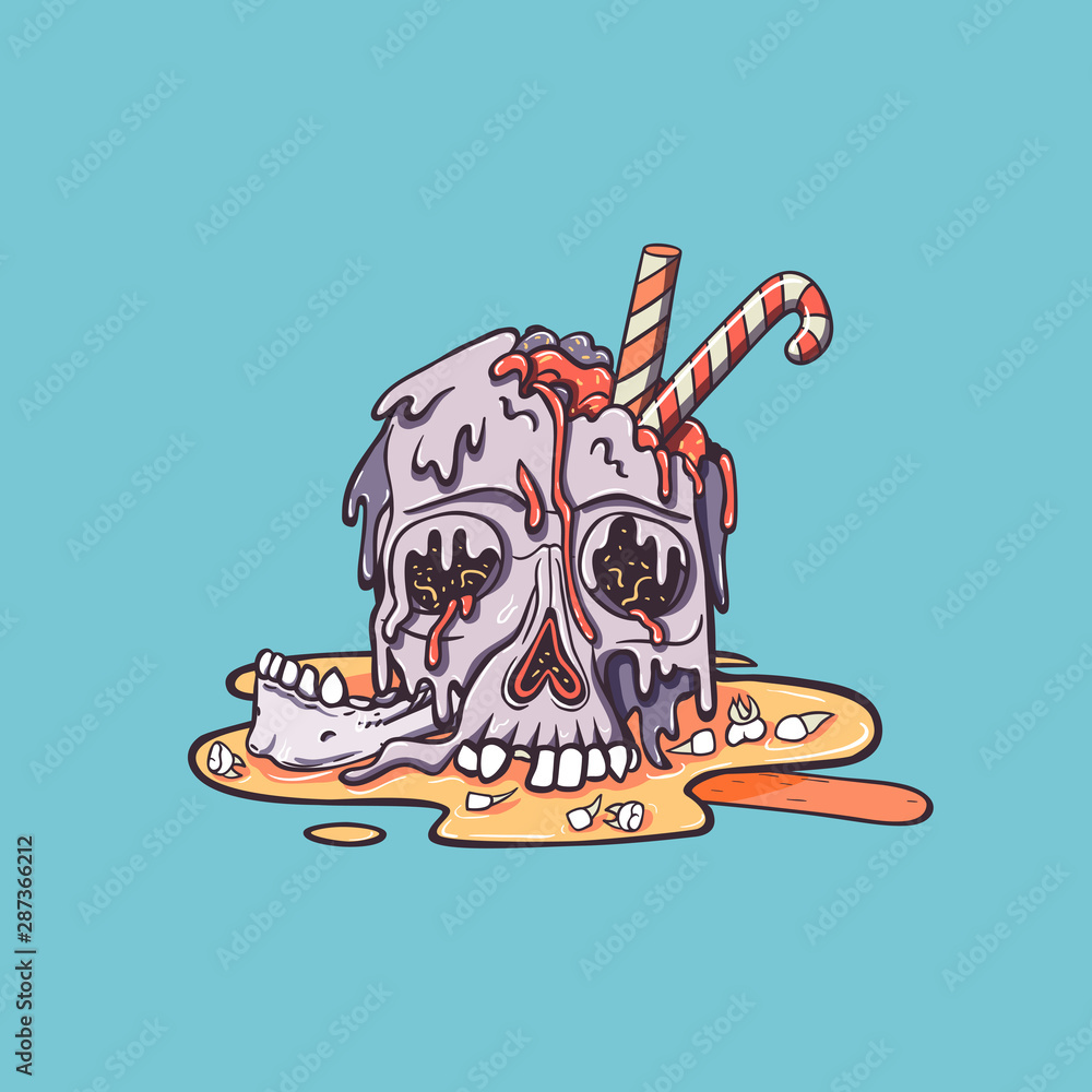 Ice cream skull melts and flows. Broken jaw, teeth fell out. Candy cane ...