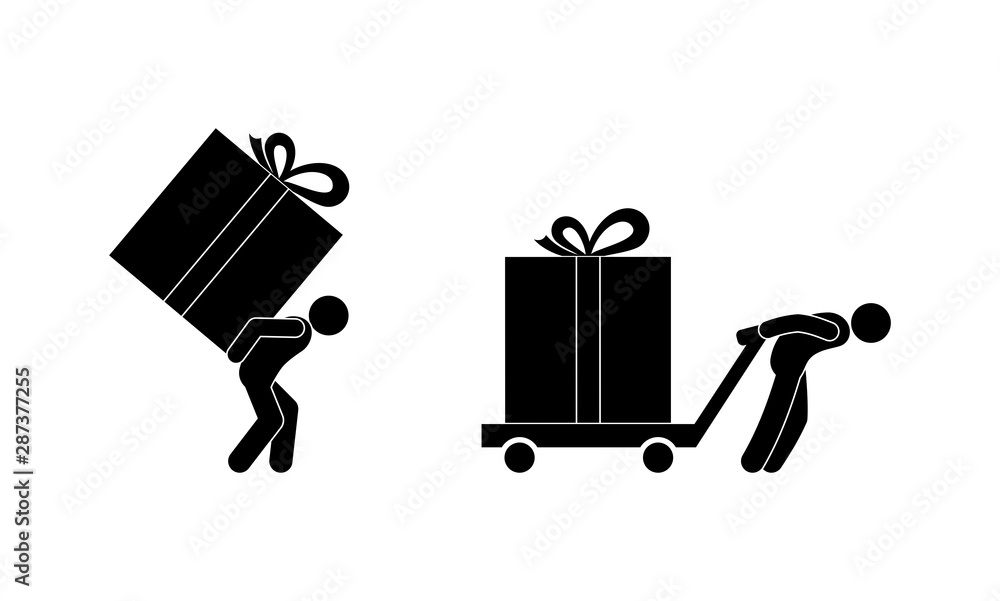 people carry huge boxes with gifts, stick figure pictogram isolated ...
