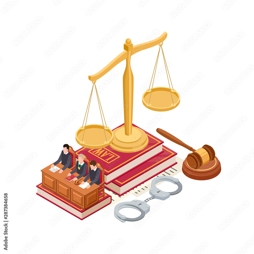 Isometric law and justice vector concept. 3D scale of justice, mallet ...