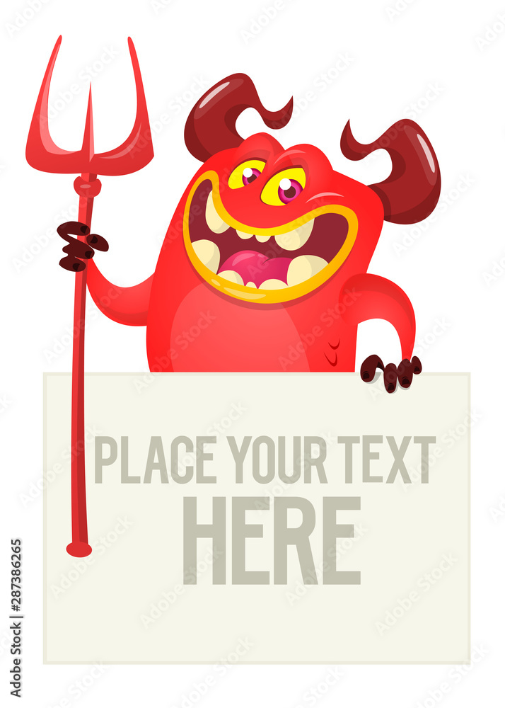 Cartoon red devil monster holding blank wooden board or placard ...