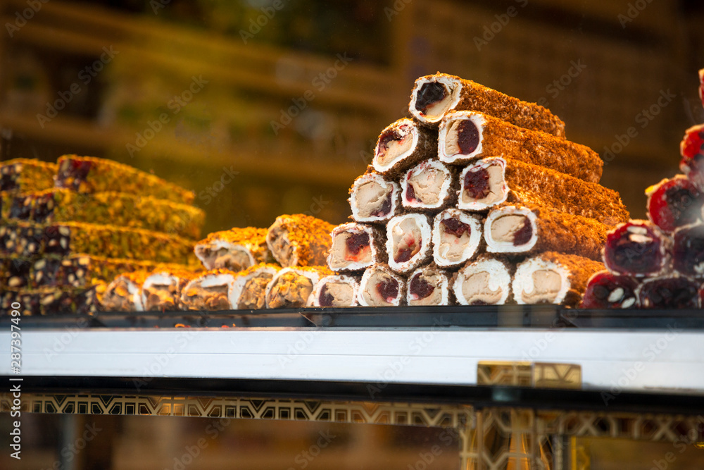 Traditional delicious turkish desserts in the shop window showcase ...