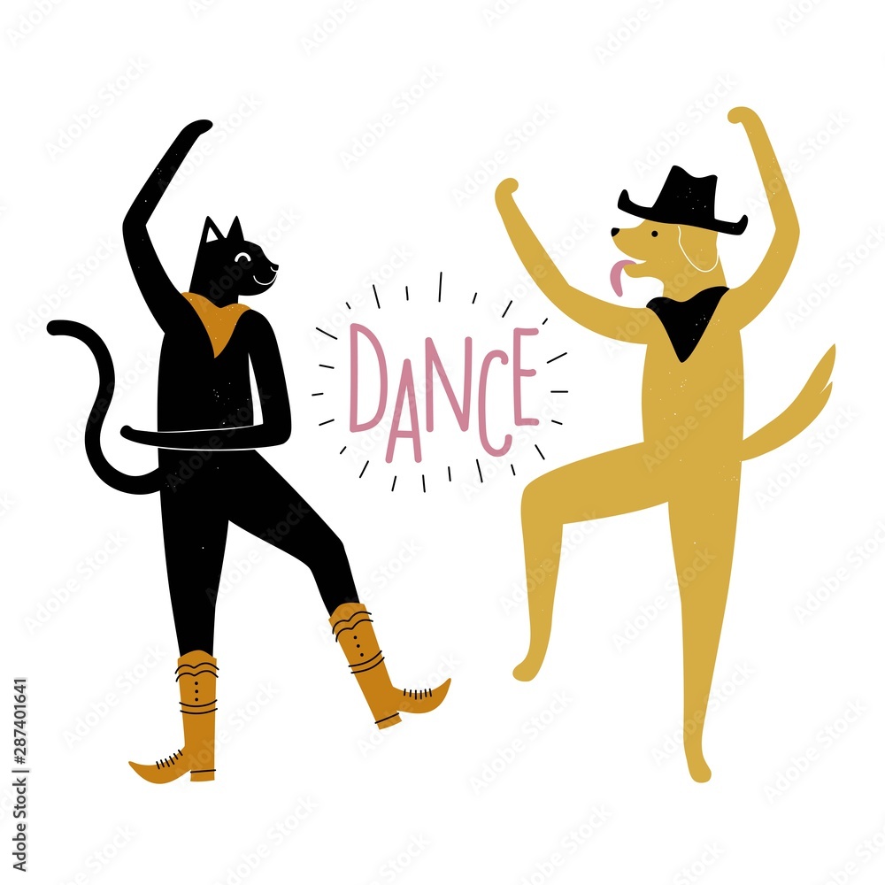 Vector illustration with dancing cat in boots and dog in cowboy hat ...