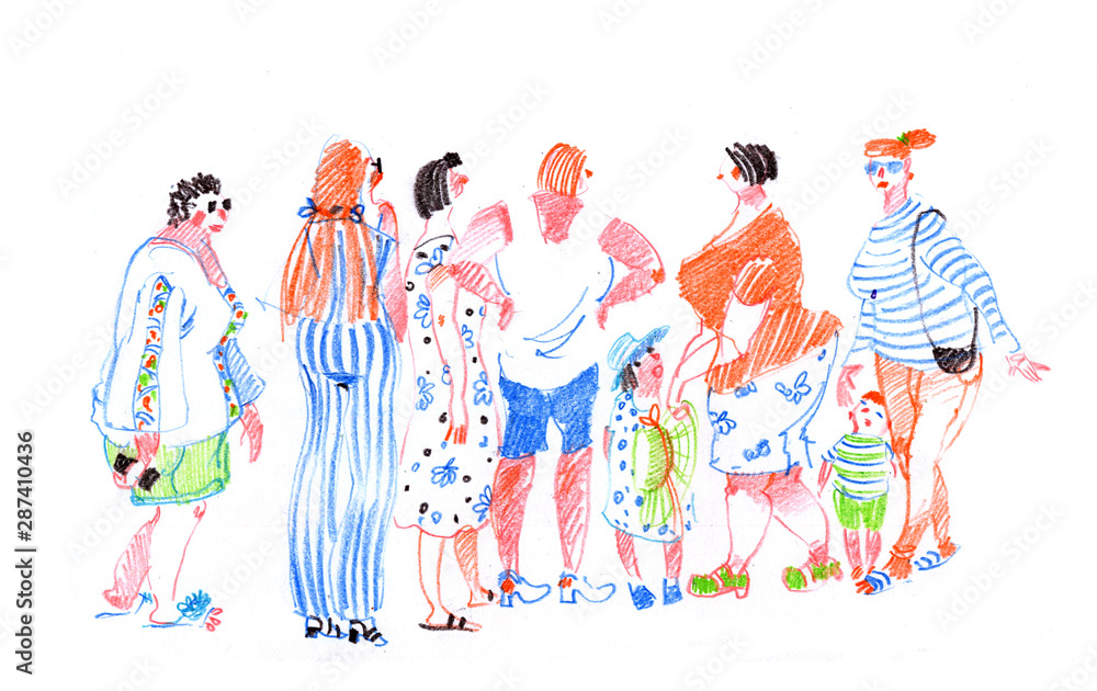 People, crowd, crayon drawing, sketch Stock Illustration | Adobe Stock
