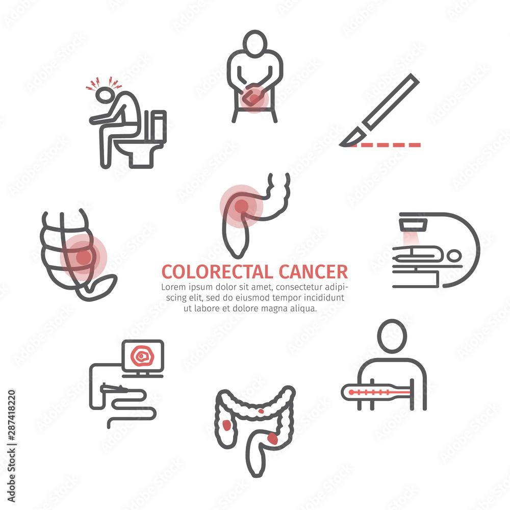 Colorectal Cancer banner. Diagnostics. Line icons set. Vector signs for ...