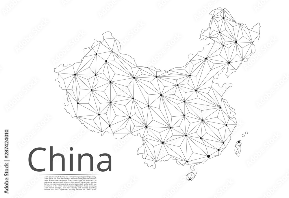 China communication network map. Vector low poly image of a global map ...