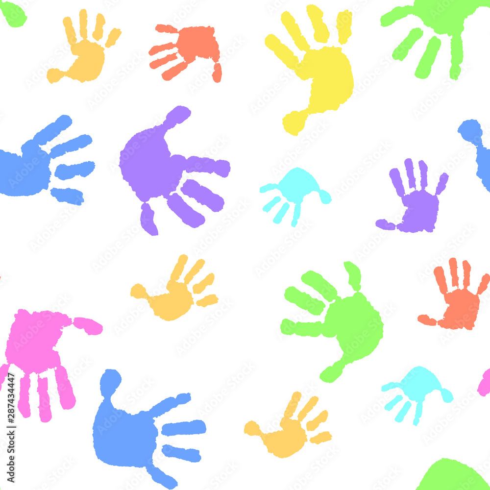 Children seamless pattern of hand print. Kid handprint background ...